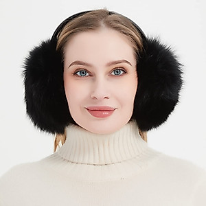 Bibury Real Fox Fur Earmuffs with Leather Band, Winter Ear Muffs, Cold Weather Head Warmer (Black)