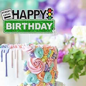 Green Glitter Traffic Light Happy Birthday Cake Topper Black Transportation Theme Decor Supplies Boy Girl Baby Shower Birthday Party Decorations