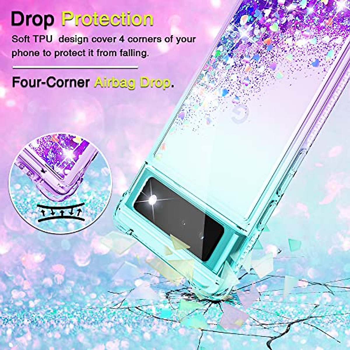 Gritup Pixel 6 Case, Google Pixel 6 Case with HD Screen Protector, Glitter Liquid Pixel 6 Phone Case Gradient Bling Quicksand Protective Soft Phone Case for Google Pixel 6, Teal/Purple