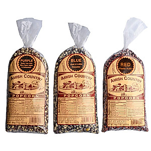 Amish Country Popcorn | 3-1 lb Bags | Purple, Red and Blue Popcorn Kernels | Old Fashioned, Non-GMO and Gluten Free (3-1 lb Bags)