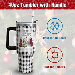 40 oz Christmas Tumblers with Handle and Straw, Christmas Tree Buffalo 40oz Stainless Steel Vacuum Insulated Travel Coffee Mug Cup Water Bottle, Christmas Decor Stuff Accessories Gifts for Women