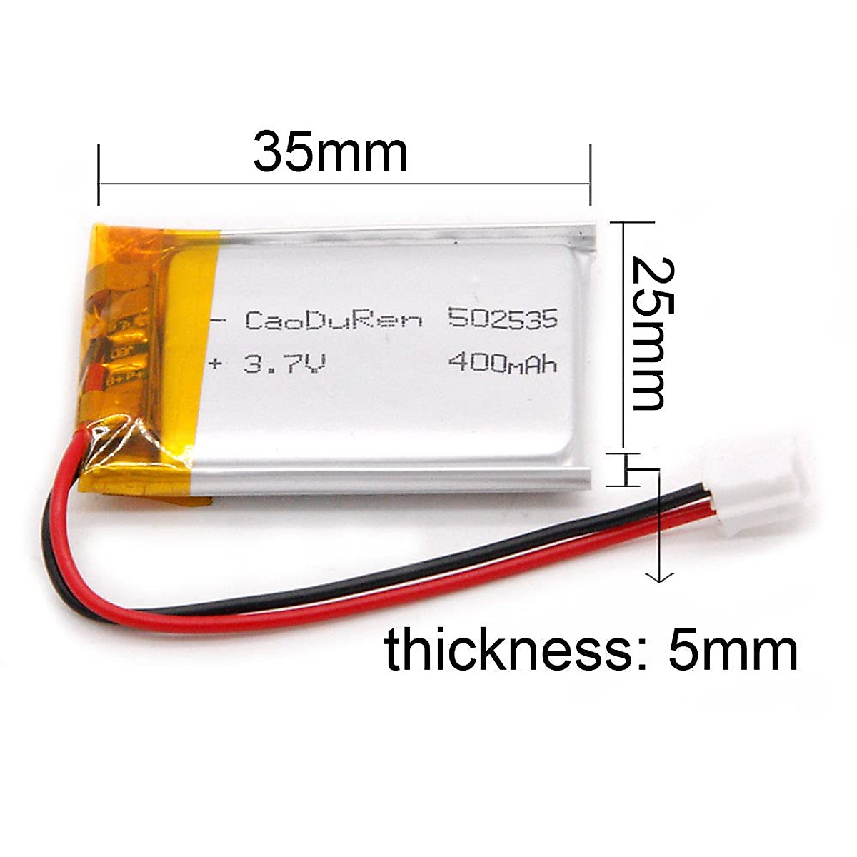 CaoDuRen MSDS Verified Part Number: 502535, Rechargeable 3.7V 400mAh Li Lipo Lithium Polymer Ion Battery Pack with 2 Pin 2.0mm JST Connector