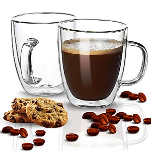 [12 Oz, 2Pack] Large Clear Glass Coffee Mugs Double Wall Insulated Glass Tea Cups with Handle Perfect Latte Cappuccino Heat Resistant , Dishwasher and Microwave Safe, 2 Count (Pack of 1)