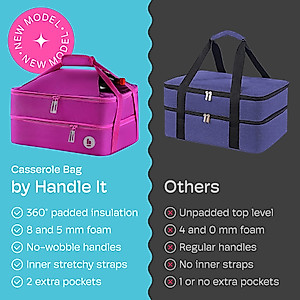 HANDLE IT Casserole Carriers for Hot or Cold Food – Expandable & Insulated Food Carrier with Anti-Wobble Handles & External Pockets – Casserole Carrying Cases, 16.1 x 11.8 x 7.9 In., Blue