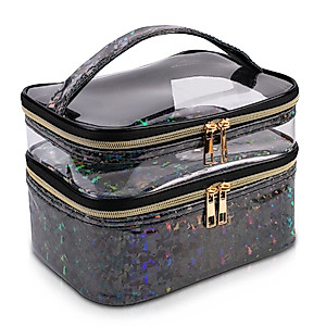 imerelez Double-layer Makeup Bag Cosmetic Bag Travel Makeup Cases Organizer Toiletry Bag Gift for Girls Women, Portable Waterproof (Black)