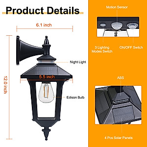 Kuniwa Motion Sensor Solar Wall Lights Outdoor with 3 Lighting Modes, Dusk to Dawn LED Wall Lantern Porch Sconce Waterproof Exterior for Barn Patio Garage Garden Farmhouse Door, 2 Types of Wall Mount
