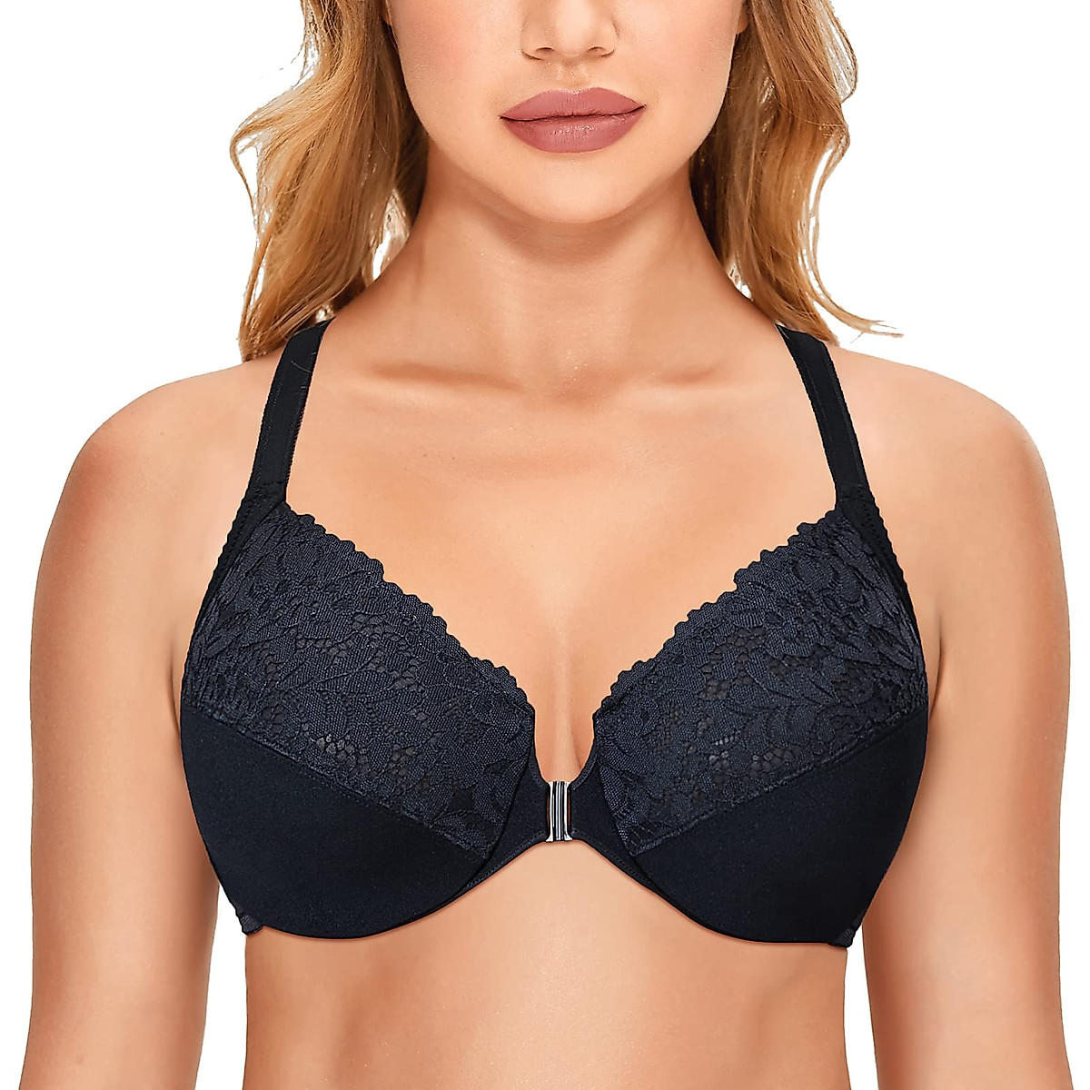 DELIMIRA Women's Front Closure Plus Size Full Coverage Lace Underwire Racerback Bra Black 40F