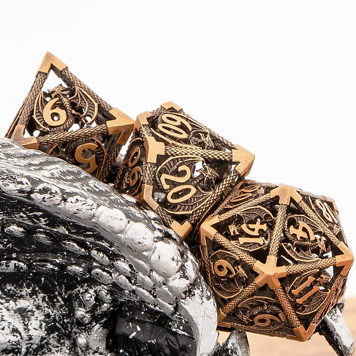 Hollow Metal Dice Set Dragon DND Dice Box, Polyhedral Dungeons and Dragons Dice for RPGs Role Playing Games, MTG, Pathfinder, Shadowrun, Math Teaching, D20 D12 D10 D8 D6 D4 D&D Dice Set
