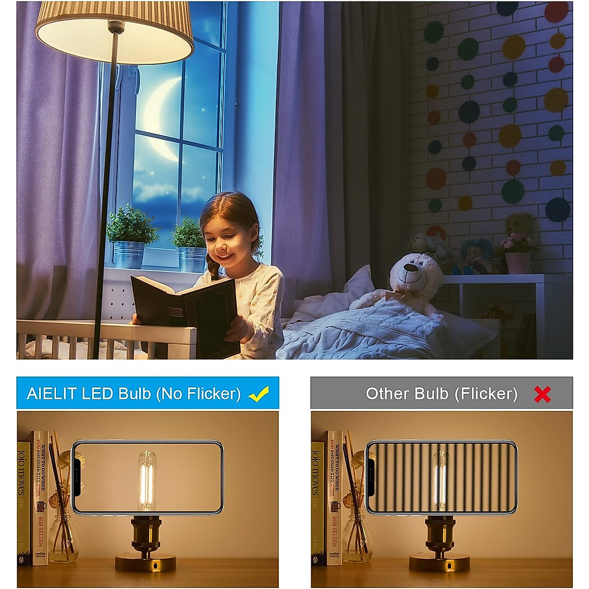 AIELIT Vintage T10/T30 LED Bulb 25 Watt Equivalent, Warm White 2700K, 200 Lumens, E26 Base, 2W Dimmable Led Tubular Bulbs, Classic Filament Edison Bulb for Pendant Lights Chandelier, 3-Pack