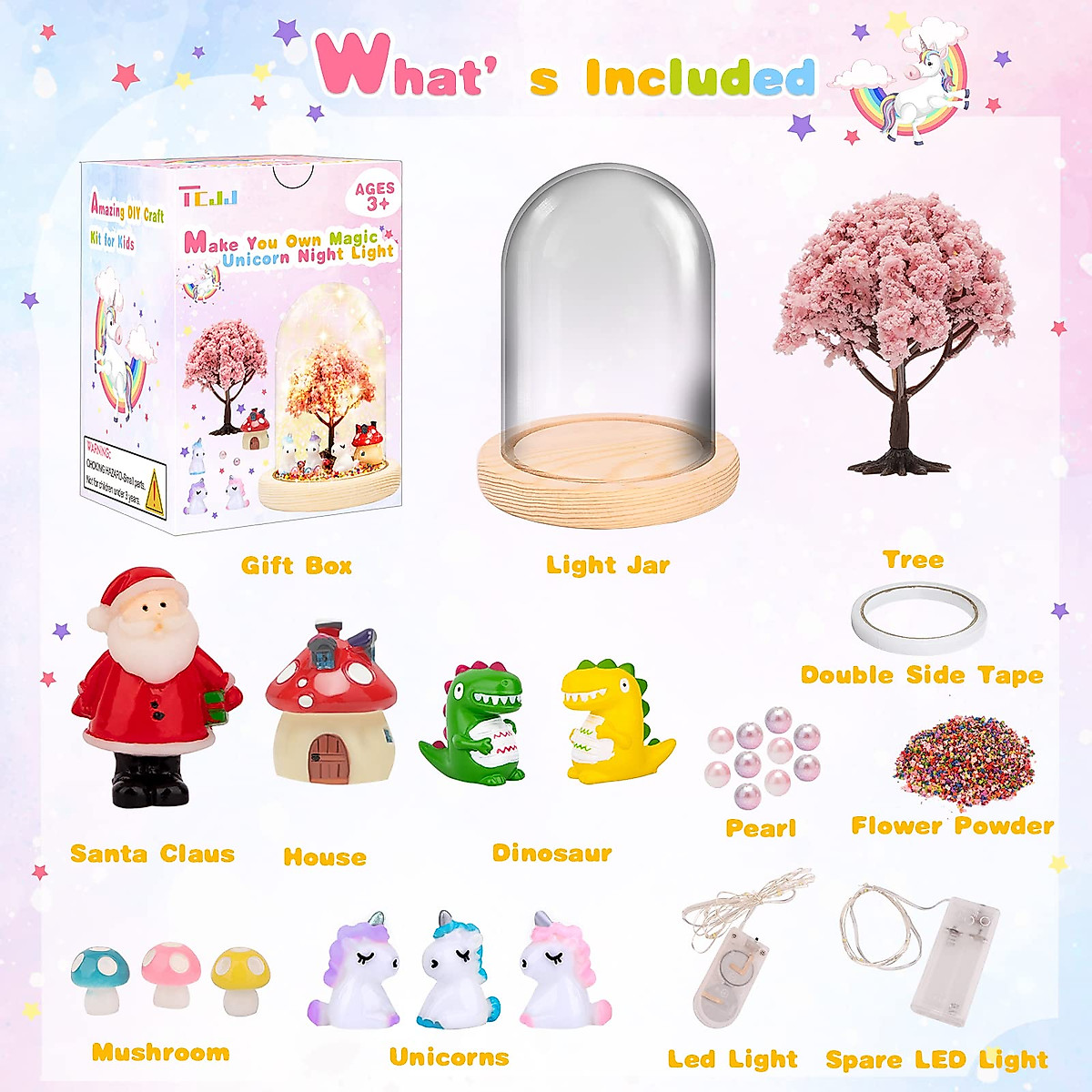 Unicorn Night Light, TCJJ DIY Night Light- Make Your Own Night Light, Unicorn Gifts for Girls, Unicorn Mermaid Hand Craft Terrarium Birthday Gifts Christmas Gifts for Age 4, 5, 6, 7, 8 Years Old Girls