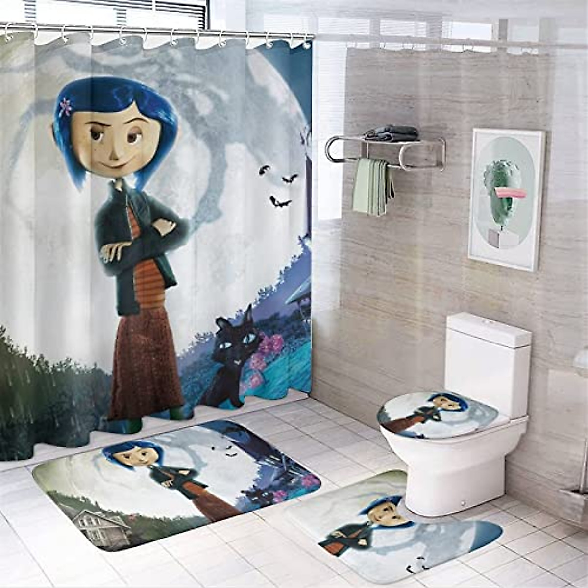 Woodyotime Co.ra.line Shower Curtain Sets 4 Piece Bathroom Set Shower Curtain Non-Slip Rugs Toilet Lid Cover Bath Mat Bathroom Decor