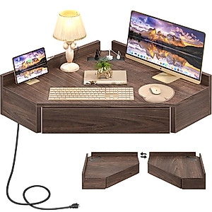 armocity Floating Corner Desk with Outlets & USB Ports, Wall-Mounted Corner Table for Small Space, Triangle Computer Desk with Drawer for Home Office, Vanity Desk, Corner Space, Bedroom, Espresso