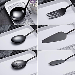 HOMQUEN 6-Piece Black Serving Flatware Silverware Set,Stainless Steel Serving Utensil Set,Include Cake Server, Slotted Serving Spoon, Serving Spoon, Cold Meat Fork, Butter Knife, Soup Ladle