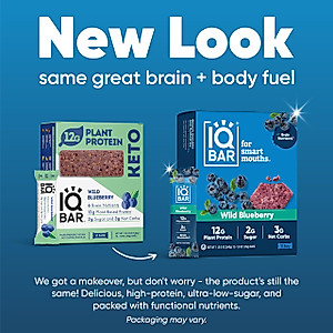 IQBAR Brain and Body Plant Protein Bars - Wild Blueberry - 12 Count, Low Carb, High Fiber, Gluten Free, Healthy Vegan Snacks - Low Sugar Keto Bar Pack