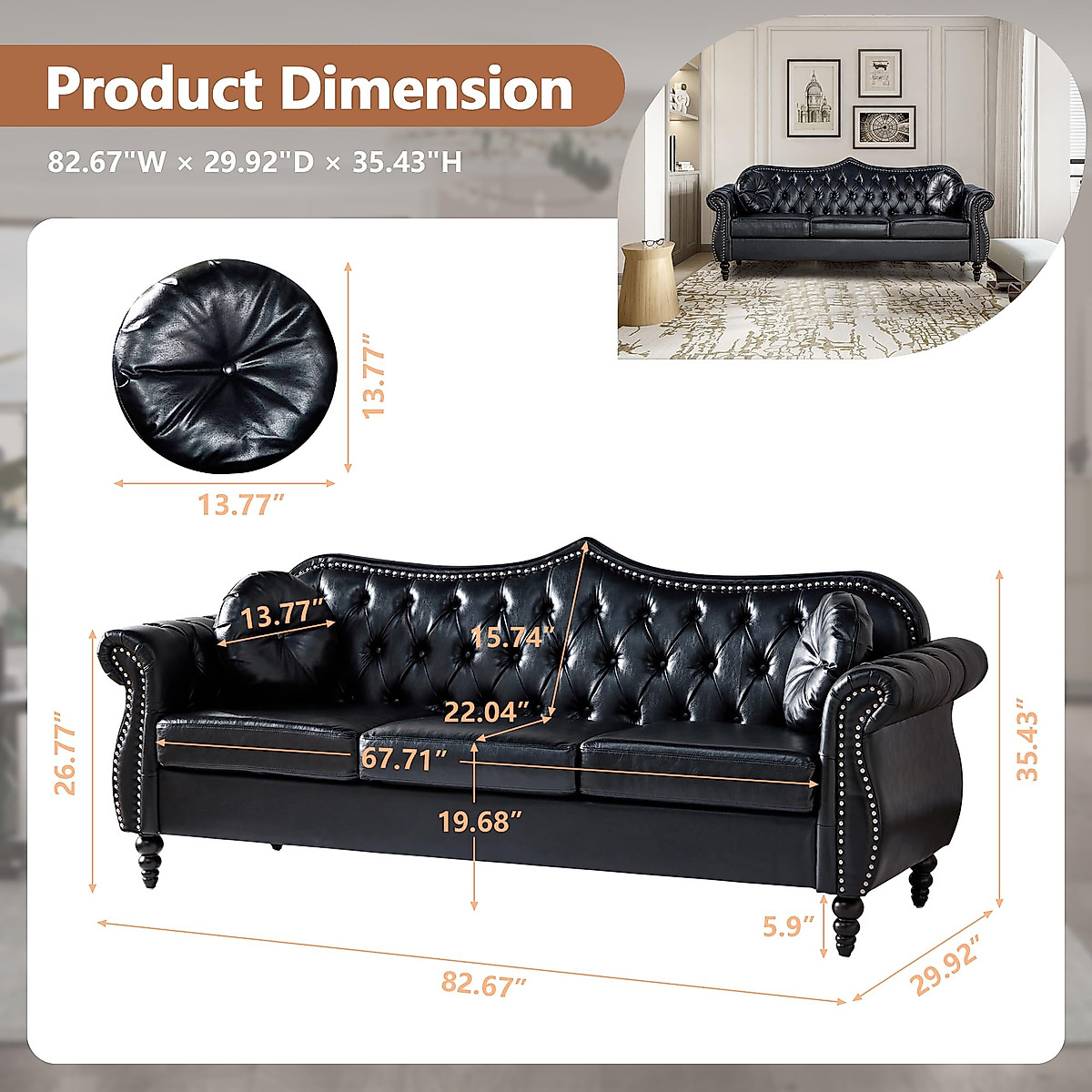 AVZEAR 82" Three Seater Sofa, Chesterfield Sofa, Mid-Century Modern PU Upholstered Sofa, Deep Button Tufted Living Room Sofa with Two Throw Pillows, Black