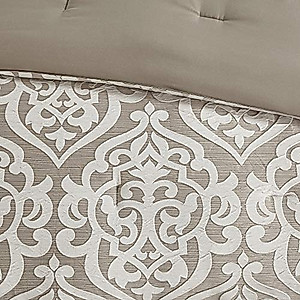 Madison Park Odette Cozy Comforter Set Jacquard Damask Medallion Design - Modern All Season, Down Alternative Bedding, Shams, Decorative Pillow, King(104 in x 92 in), Tan 8 Piece