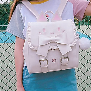 Aiyinuo Lolita Casual Backpack Kawaii Cartoon Cat Embroidery Travel Mochila Big Bowknot Sweet Daypack Schoolbag Campus Bookbag College Bag (White)