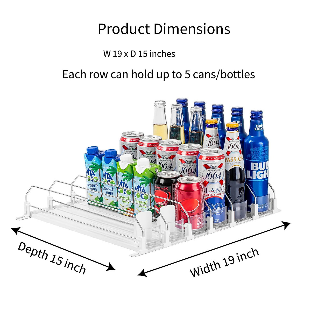 Baraiser Drink Organizer for Fridge, Self-Pushing Soda Can Organizer for Refrigerator, Width Adjustable Pusher Glide, Automatic Drink Dispenser (6 Rows, White)