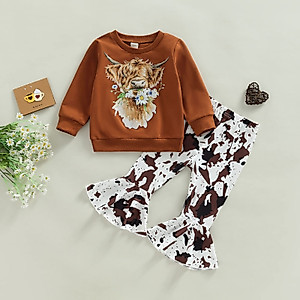 Baby Girl Western Farm Clothes Long Sleeve Floral Cow Sweatshirt Flare Pants Set Toddler Girls Outfit Fall Winter (Caramel Color, 9-12 Months)