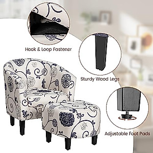 Giantex Accent Chair with Ottoman Set, Upholstered Barrel Chair with Footrest, Modern Accent Armchair with Ottoman, Round Club Chair for Living Room, Bedroom, Small Space