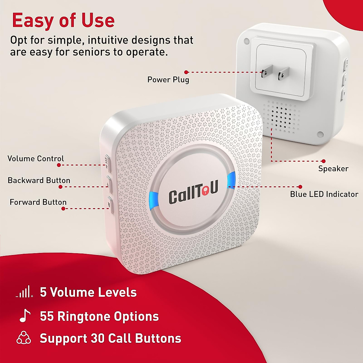 CallToU Wireless Caregiver Pager Smart Call System 4 SOS Call Buttons/Transmitters 2 Receivers Nurse Calling Alert Patient Help System for Home/Personal Attention Pager 500+Feet Plugin Receiver