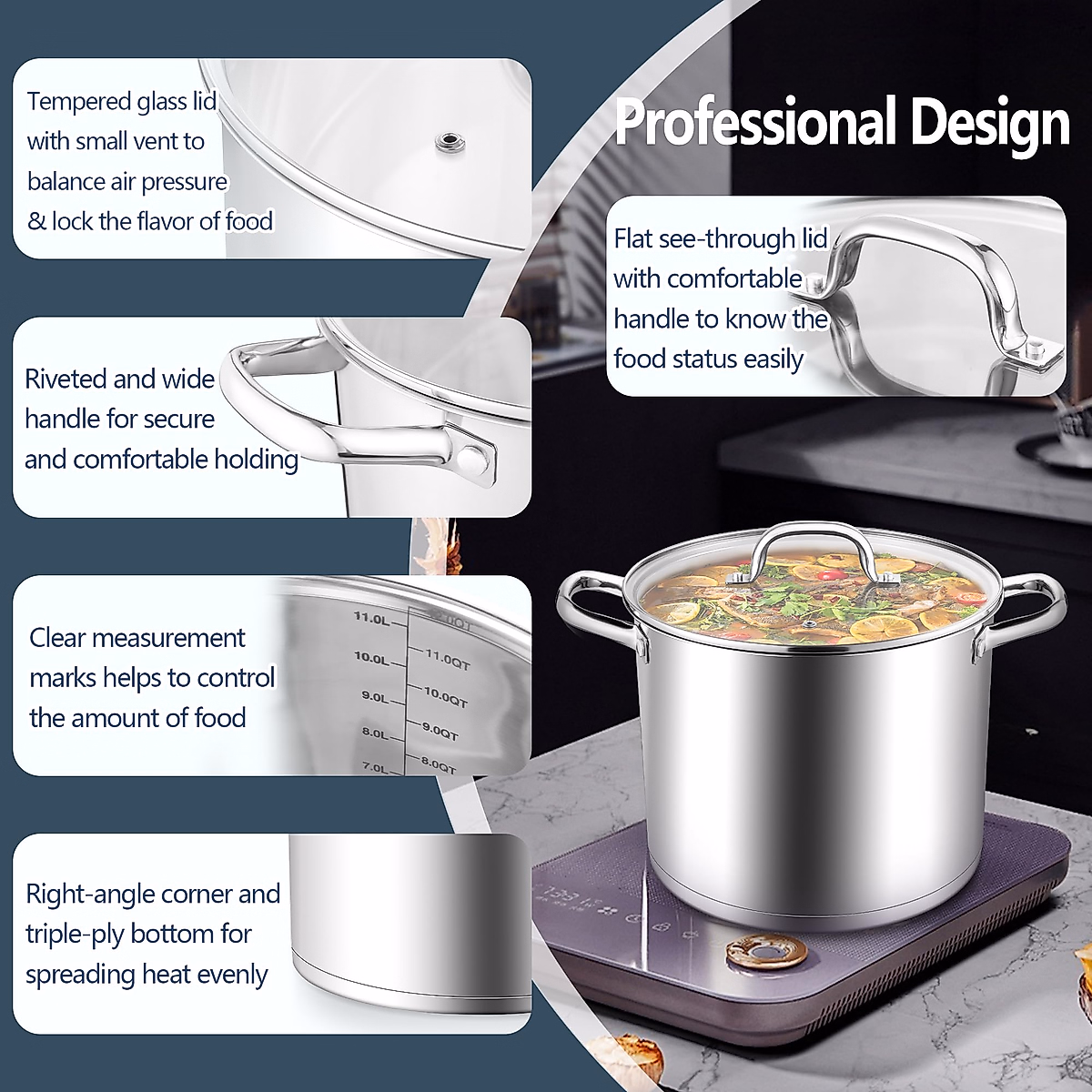 E-far 12 Quart Cooking Stock Pot, Large Stainless Steel Pot for Canning Simmering Stewing, Heavy Duty Cookware with Tri-ply Base for Induction Gas Stoves, Soup Pot with Glass Lid, Dishwasher Safe