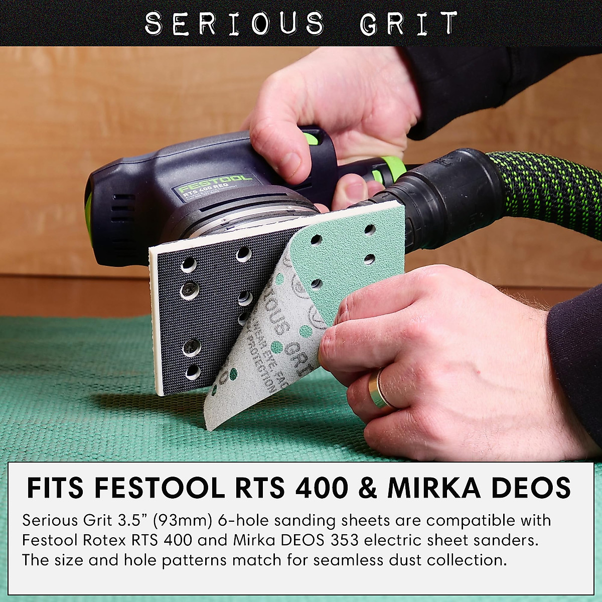 Serious Grit - 3" x 5" (80mm x 133mm) 14-Hole Sanding Sheet Assortment - 80, 120, 150, 180, 220 Grit (10 of Each) - Fits Festool RTS 400 & Mirka Deos 353 - Hook & Loop Sandpaper - 50 Pack Box