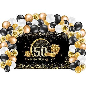 Kauayurk 50th Birthday Banner Backdrop with Balloon Garland Arch Decorations - Gold Extra Large Cheers to 50 Years Birthday Party Photo Booth Background and Balloon Garland Supplies