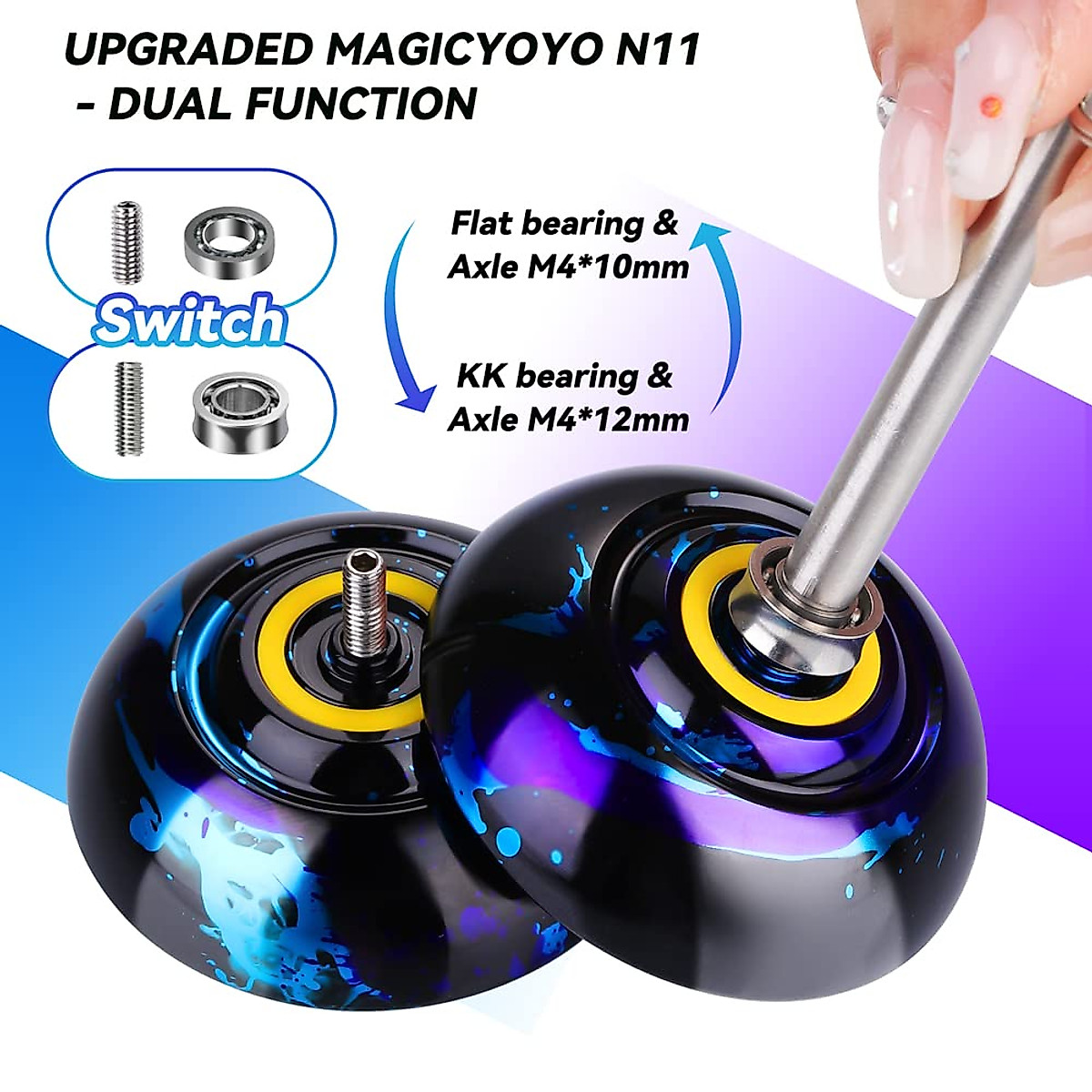 MAGICYOYO Professional Unresponsive Yoyo N11 Pack of 2, Alloy Metal Yoyo for String Trick, Dual Purpose Yoyo with 12 Yoyo Strings + 2 Bags + 2 Flat Bearings + Axle + Bearing Removal Tool