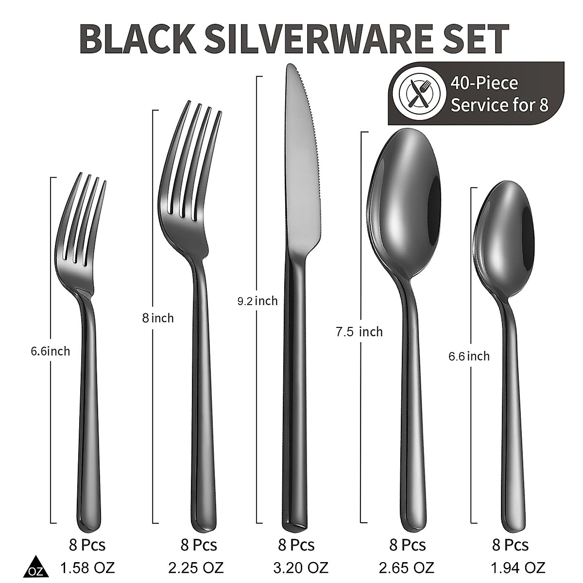 40-Piece Black Silverware Set for 8, Heavy-Duty 18/0 Stainless Steel Black Flatware Cutlery Set, Modern Round Handle Black Utensils Set, Dishwasher Safe for Home, Restaurant, Mirror Black, 40-PCS