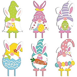 6 Pcs Metal Easter Gnomes Yard Signs Outdoor Bunny Rabbits Stakes 16 x 6.3 Inch Happy Spring Waterproof Gnome Stakes Easter Decorations for Garden, Lawn, Party, Easter Props Decor