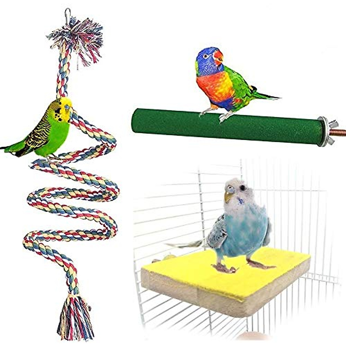 3 PCS Bird Perch Toy Set, Parrot Stand Platform, Bird Rope Swing Climbing Toy, Parrot Paw Grinding Perch Stick Cage Accessories for Parakeet Lovebird Cockatiel Finch Conure Exercise Training Toys