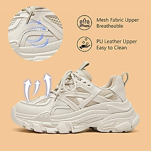 BEAU TODAY Chunky Sneakers for Women, Fashion Platform Sneakers Dad Shoes for Women, Casual Lace-up Walking Shoes Beige US 5.5