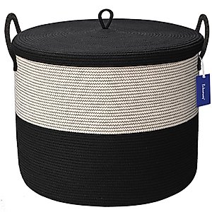 Echueuey 115L Extra Large storage basket with lid, blanket basket with lid for living room,extra large laundry basket,large round basket with lid,wicker basket with lid,Black 21" x 21" x 18"