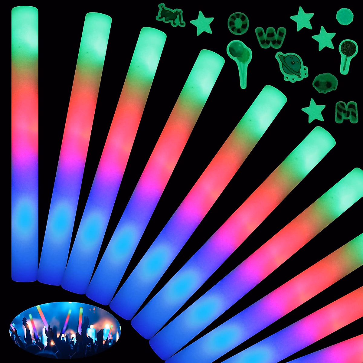HONLYNE 38 PCS Giant 16 Inch Foam Glow Sticks with 3 Modes Colorful Flashing, LED Light Stick Gift, Glow Sticks Party Pack for New Year, Wedding, Raves, Concert, Christmas