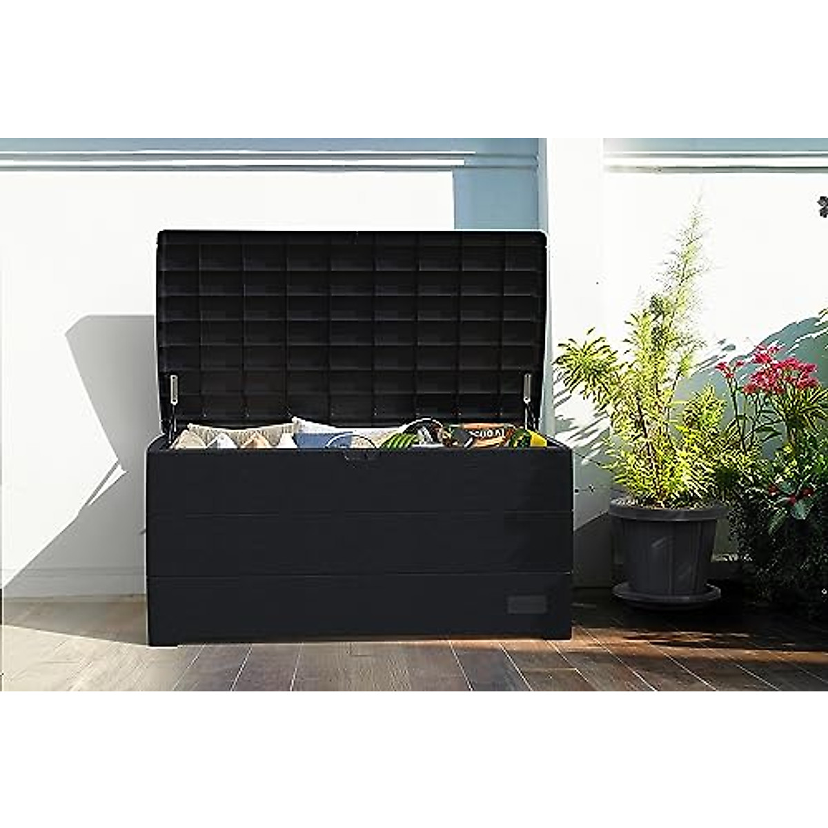 Duramax CedarGrain Durabox Outdoor Deck Box & Garden Furniture Organizer, Woodgrain Texture, Lockable Plastic Cushion Box, 416 liters, Grey