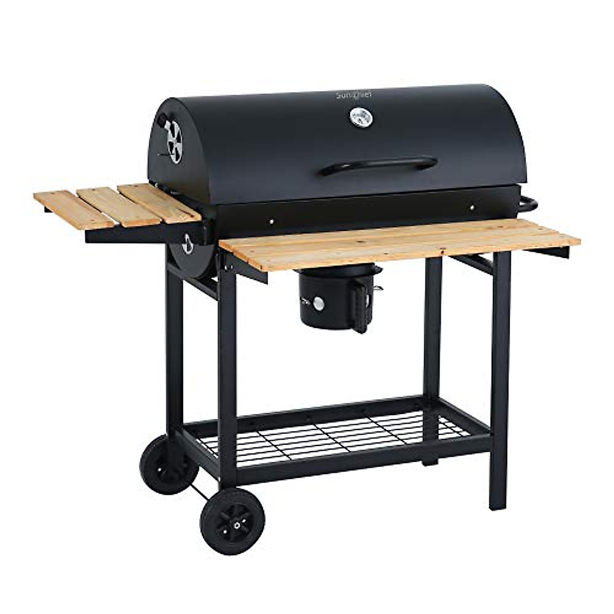 SUNCHIEF 613 Square Inches Heavy Duty Trolley Charcoal BBQ Grill Outdoor with Offset Smoker & Foldable Wooden Shelf