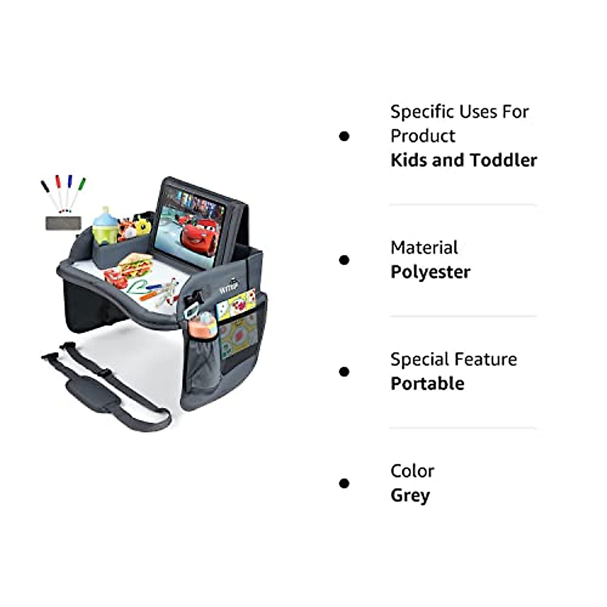 WITRIP Kids Travel Tray with Dry Erase Board, Travel Tray for Kids Car Seat, Carseat Table Trays for Toddler, Kid Activity Desk for Air Travel, No-Drop Tablet Holder & Borders (All Grey)