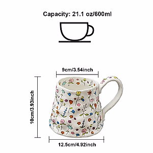 Large Ceramic Coffee Mug Cute Flower with Handmade Big Handle, 21.1oz/600ml Girly Pink Floral Tea Cup for Women Gift, Novelty Irregular Oversized Mugs for Latte Tea Milk Cocoa