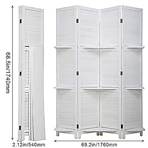 4 Panel Room Divider Folding Privacy Wooden Screen with Three Clever Shelf Portable Partition Screen Screen Wood for Home Office (White)