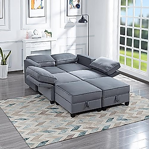 Goohome 116'' Modular Sectional, U-Shaped Velvet Convertible, Minimalist Modern 6 Seater Sleeper Couch with Chaise Ottomans, Sofa Sets, for Living Room, Bedroom, B-Dark Gray