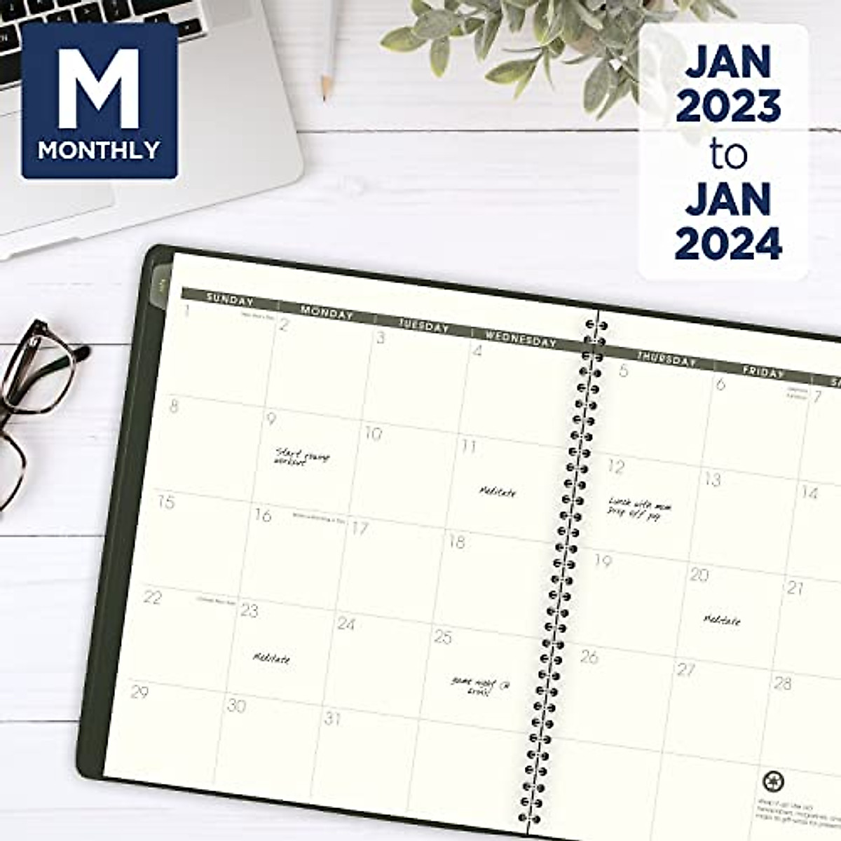 AT-A-GLANCE 2023 Monthly Planner, 13 Month Calendar, 9" x 11", Large, Recycled, Monthly Tabs, Green (70260G60)