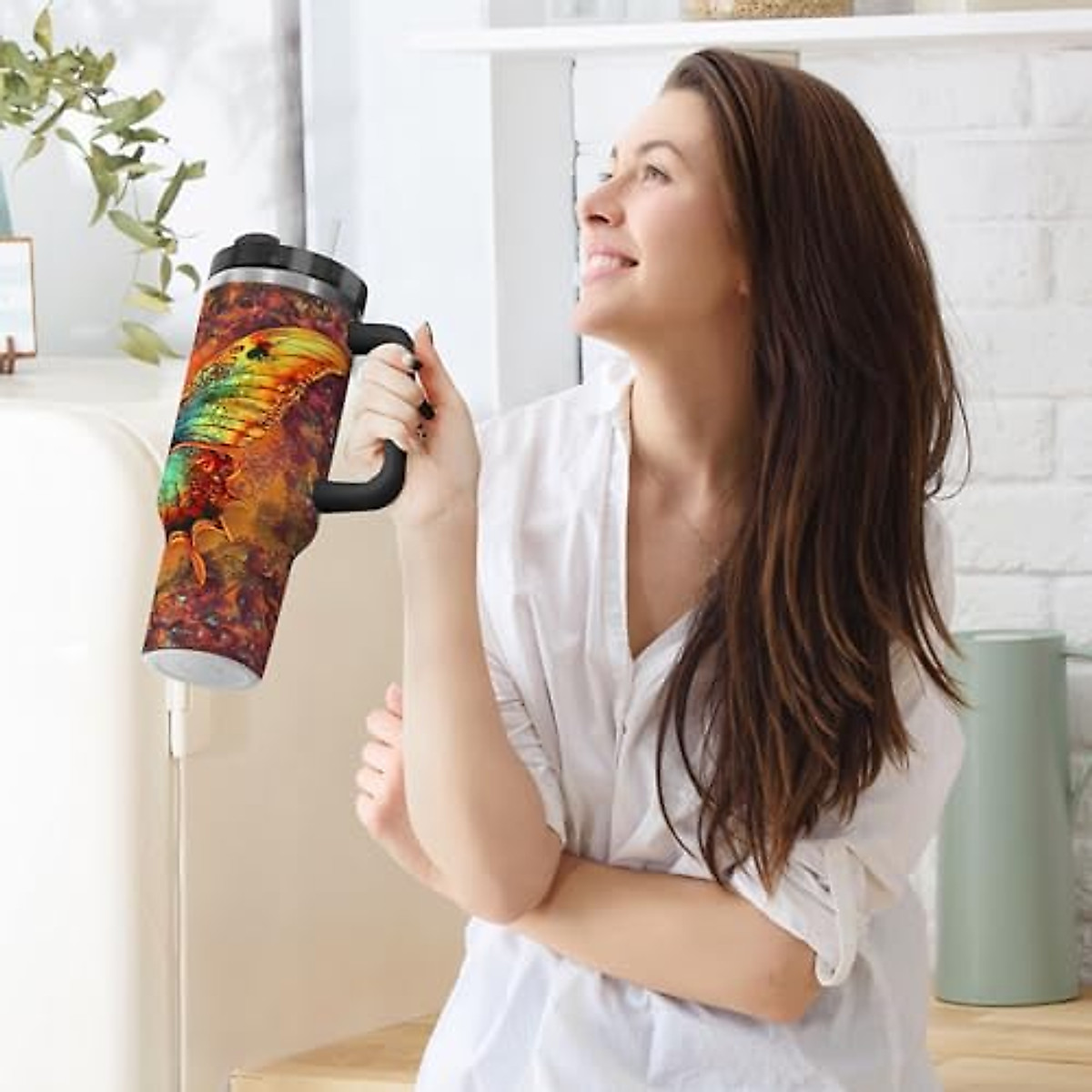 Flradish 30oz Tumbler with Handle, Dragonfly Totem Stainless Steel Tumbler with Lid and Straws Double Wall Vacuum Insulated Leakproof Coffee Travel Mug