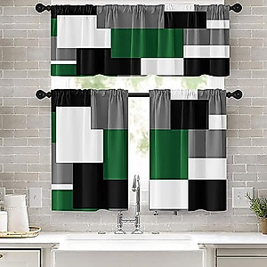 Tayney Green Geometric Kitchen Curtains Checkered Window Curtains and Valances Set 36 Inch, Black Grey White Short Tier Curtain for Kitchen, Modern Abstract Small Kitchen Decor