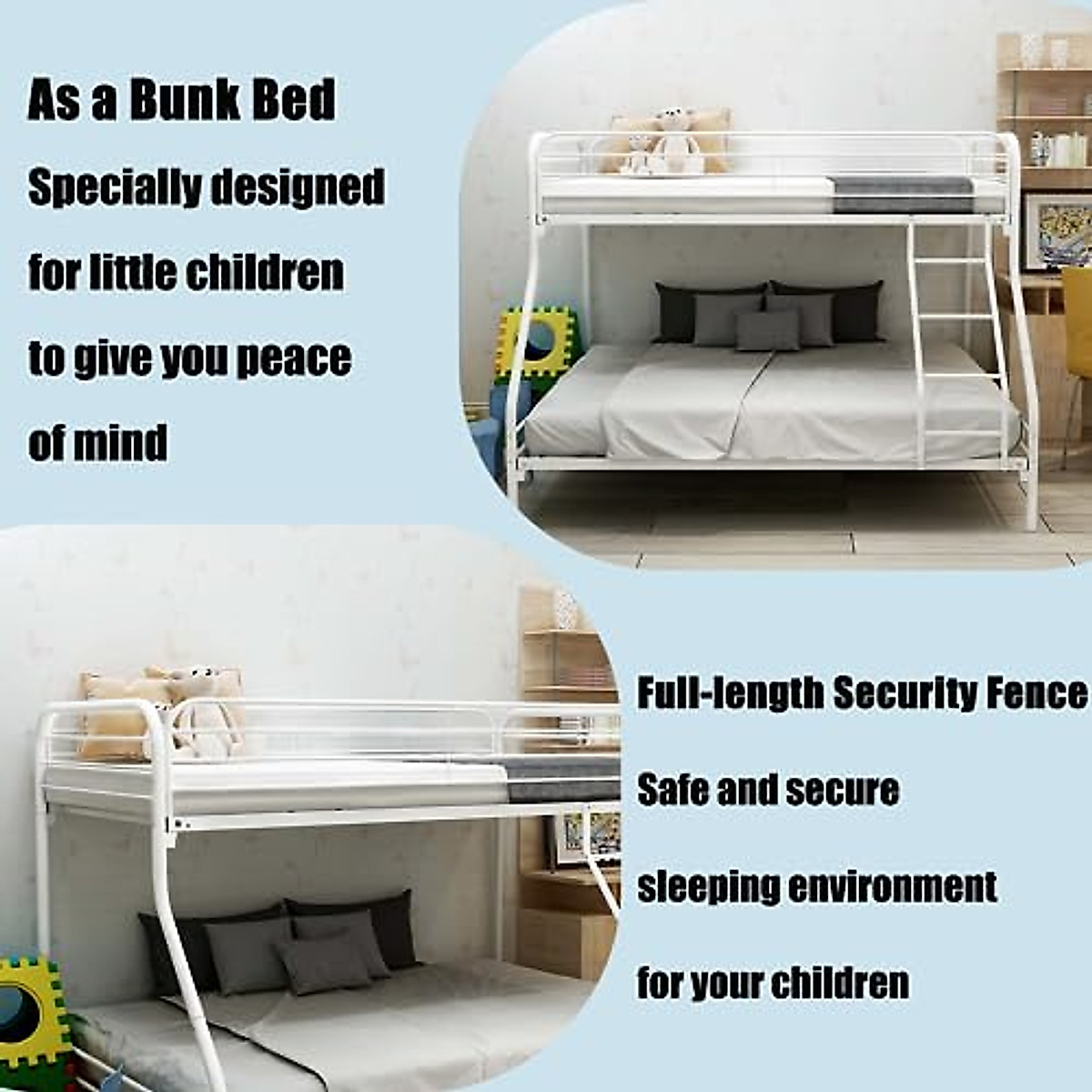 Heliosphere Heavy Duty Twin Over Full Size Bunk Bed with Safety Guard Rails & Inclined Ladder, Metal Bunk Bed with Under Bed Storage Space for Teens Adults, Noise Free/No Box Spring Needed (White)