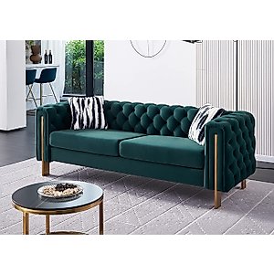 Kakotito Tufted Sofa Couch, 84 Inches Long Upholstered Sofa with 2 Pillows,High Arm and Strong Metal Legs, Couches for Living Room, Office, and Bedroom (Button Tufted, Green)
