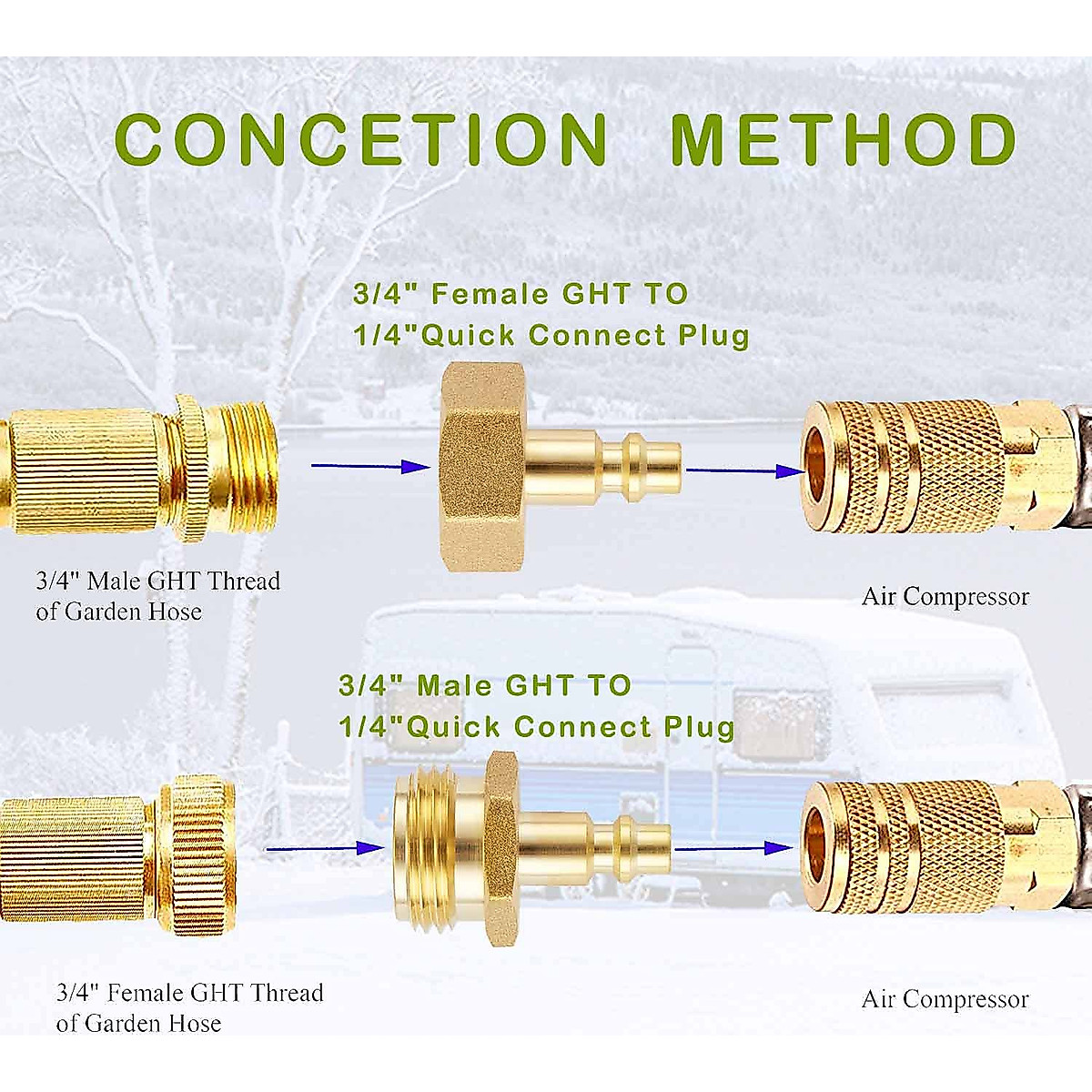 Litorange Lead-Free Brass Winterize Sprinkler Systems: Air Compressor Hose Water Faucet Blow Out Adapter Fitting For RV, Travel Trailer, Boat & Camper（a couple）