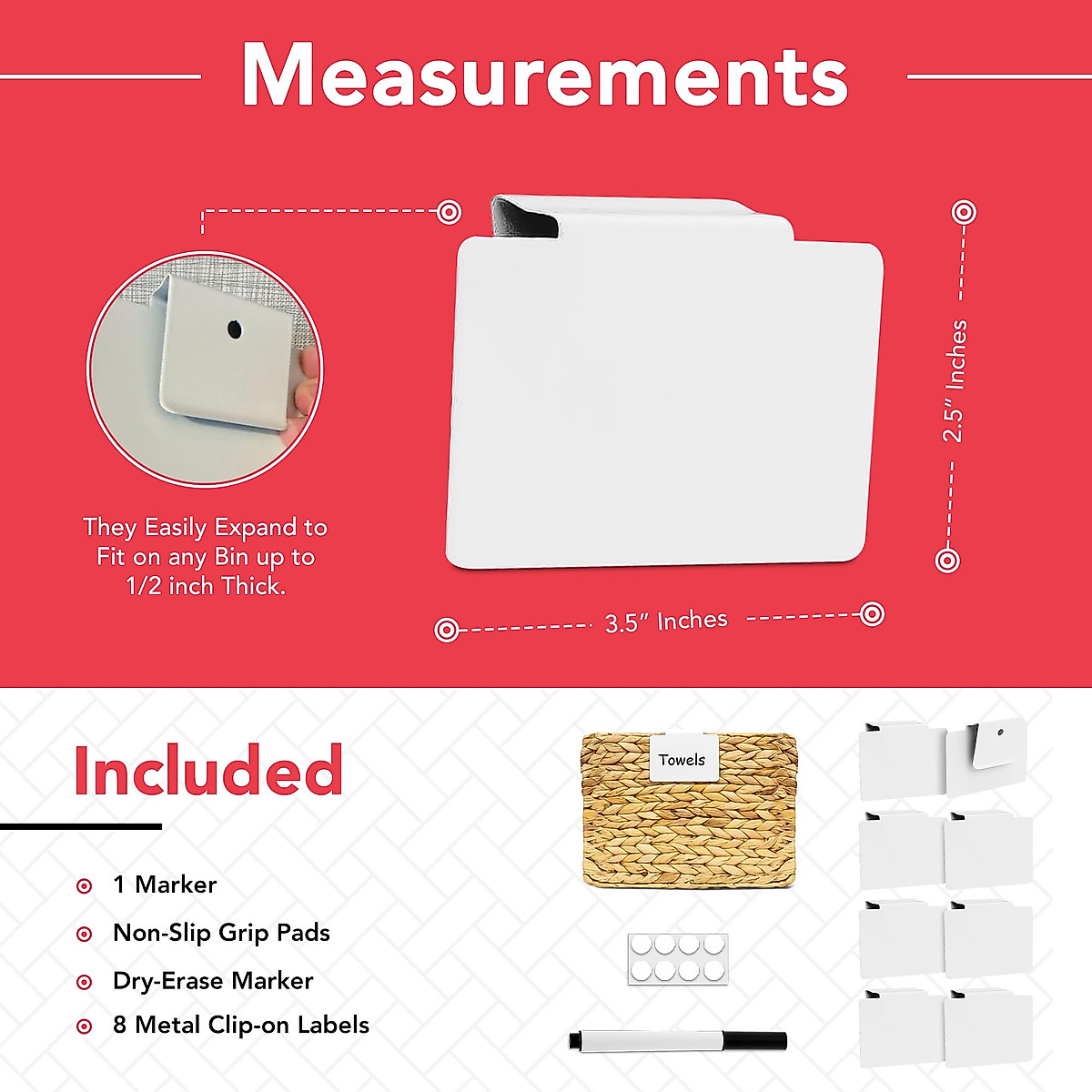 Labels for Storage Bins | Metal Storage Bin Labels (2.5” x 3.5”) - Set of 8 Basket Clip On Labels for Storage Bins w/Non-Slip Grip Pads & Dry Erase Marker - Removable Bin Labels for Storage Bins