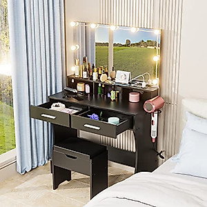 Titoni Makeup Vanity with Lighted Mirror & Power Outlet, Makeup Table Vanity Set with 3 Lighting Colors, Brightness Adjustable