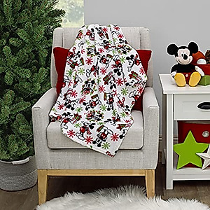Disney Mickey Mouse White, Red, and Green Holiday Christmas Wreathes, Gifts, and Snowflakes Super Soft Baby Blanket